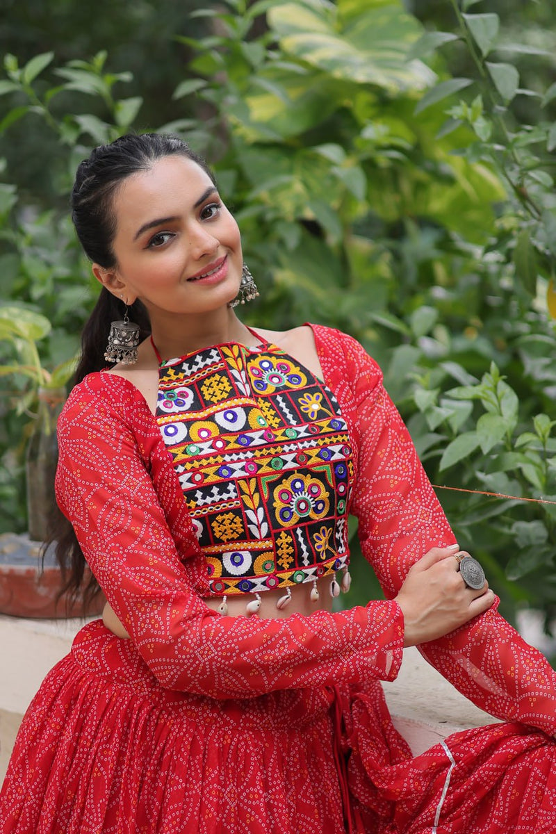 Banjara India Faux Georgette Bandhej Print with Gotta Patti Lace Work